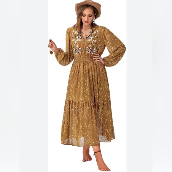 Rusttydustty | Dresses | Polka Dot Balloon Sleeve Maxi Dress Mustard ...